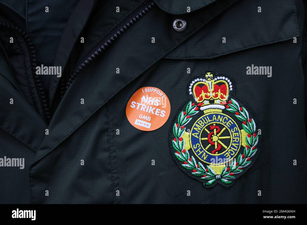 Brighton, UK. 21st Dec, 2022. GMB sticker on the uniform of a Ambulance ...