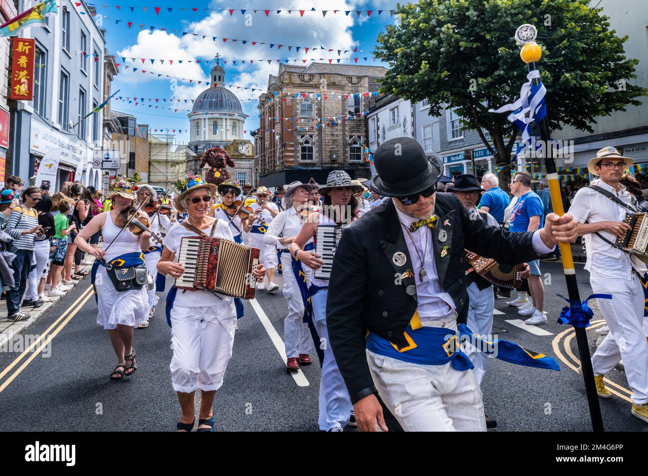 Tom White leading the Golowan Band in the Mazey Day parade part of the ...