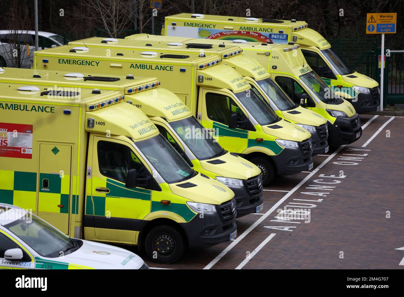 Brighton, UK. 21st Dec, 2022. A row of stationary Ambulances inside ...