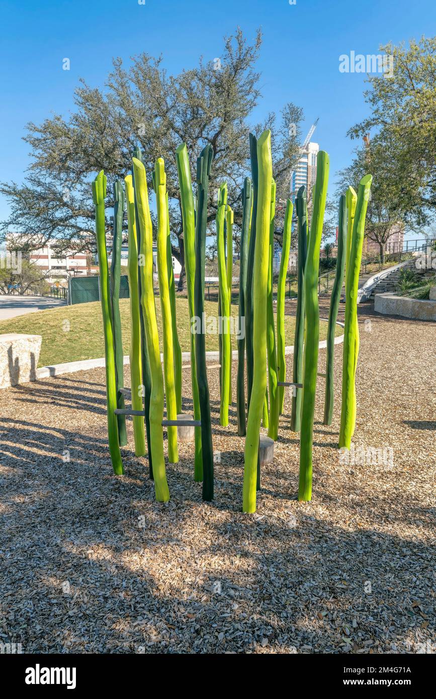 Austin, Texas- Playground at Waterloo Park with painted green wood ...