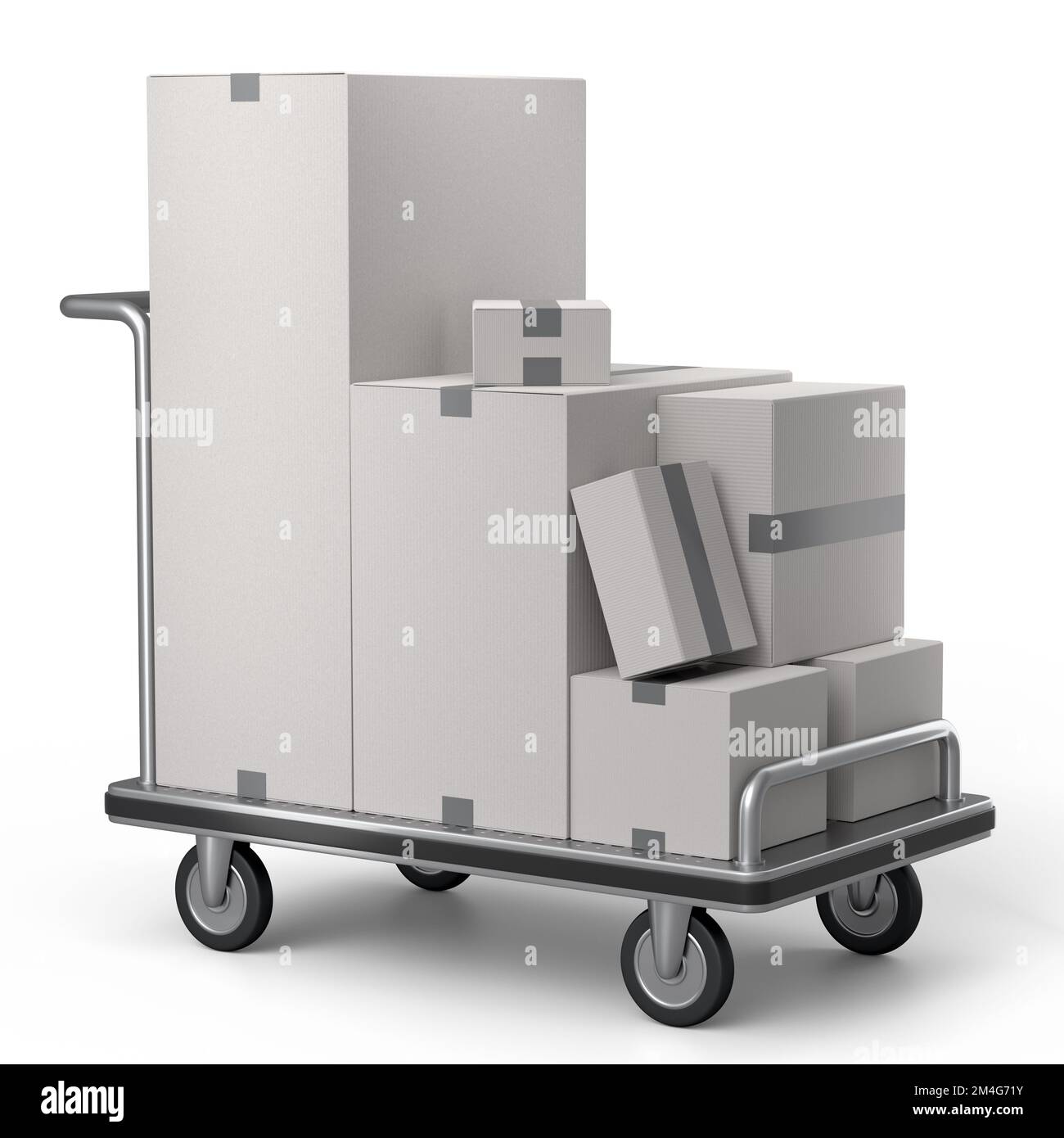 Airport luggage cart or baggage trolley side with stack of cardboard ...