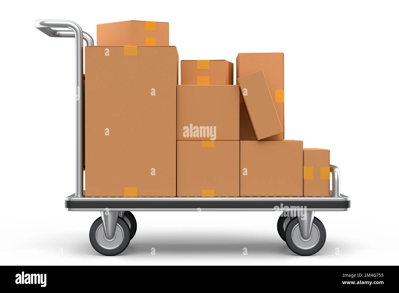 Airport luggage cart or baggage trolley side with stack of cardboard ...