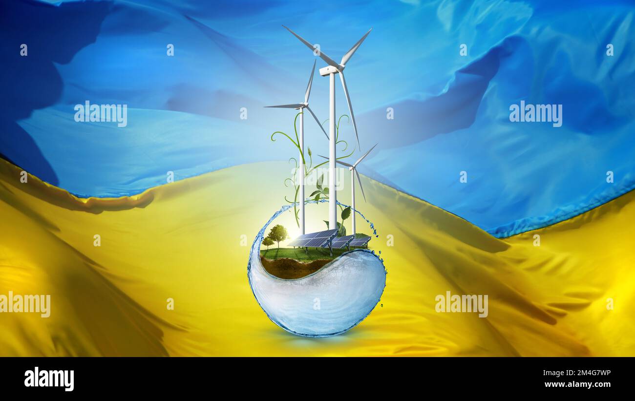 Wind turbines and solar panels on Ukraine flag background Stock Photo ...