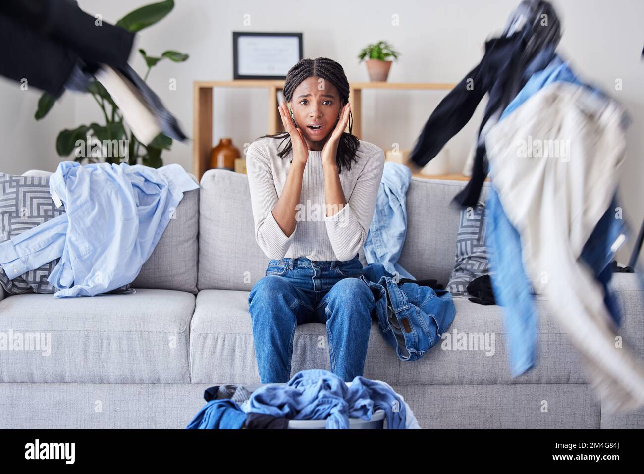 Stress, burnout and laundry with black woman and anxiety about house ...