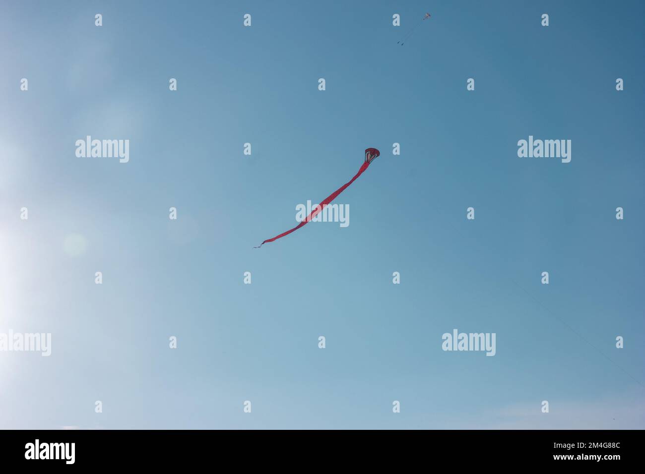Red kite flying in the blue sky, long tail kite in the sky, freedom ...