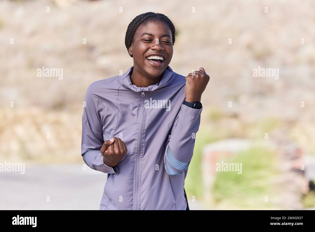 Portrait, smile and black woman runner on street for celebration ...