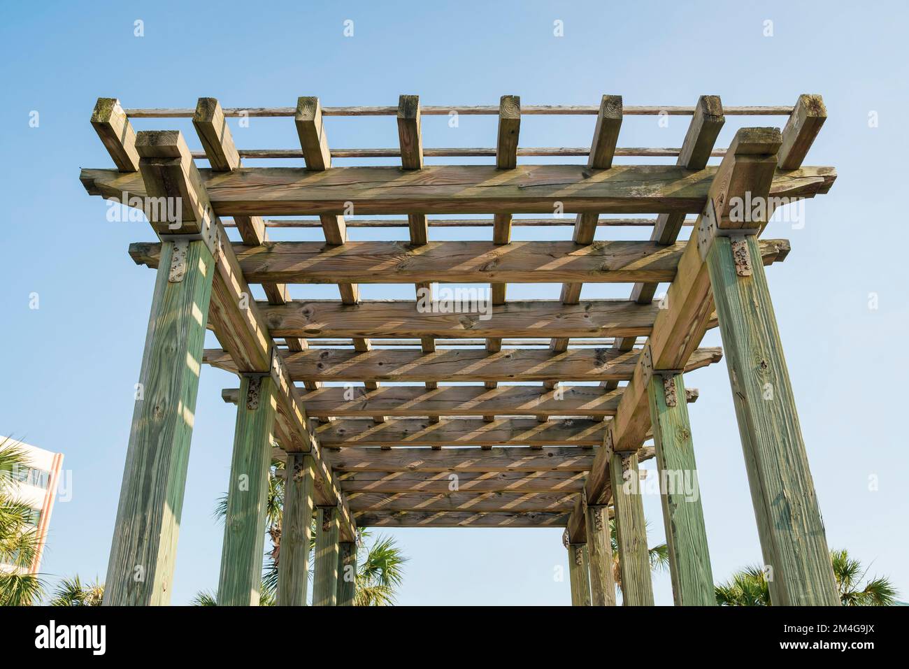 View of a wooden grid pergola roof from below against the sky at Destin ...