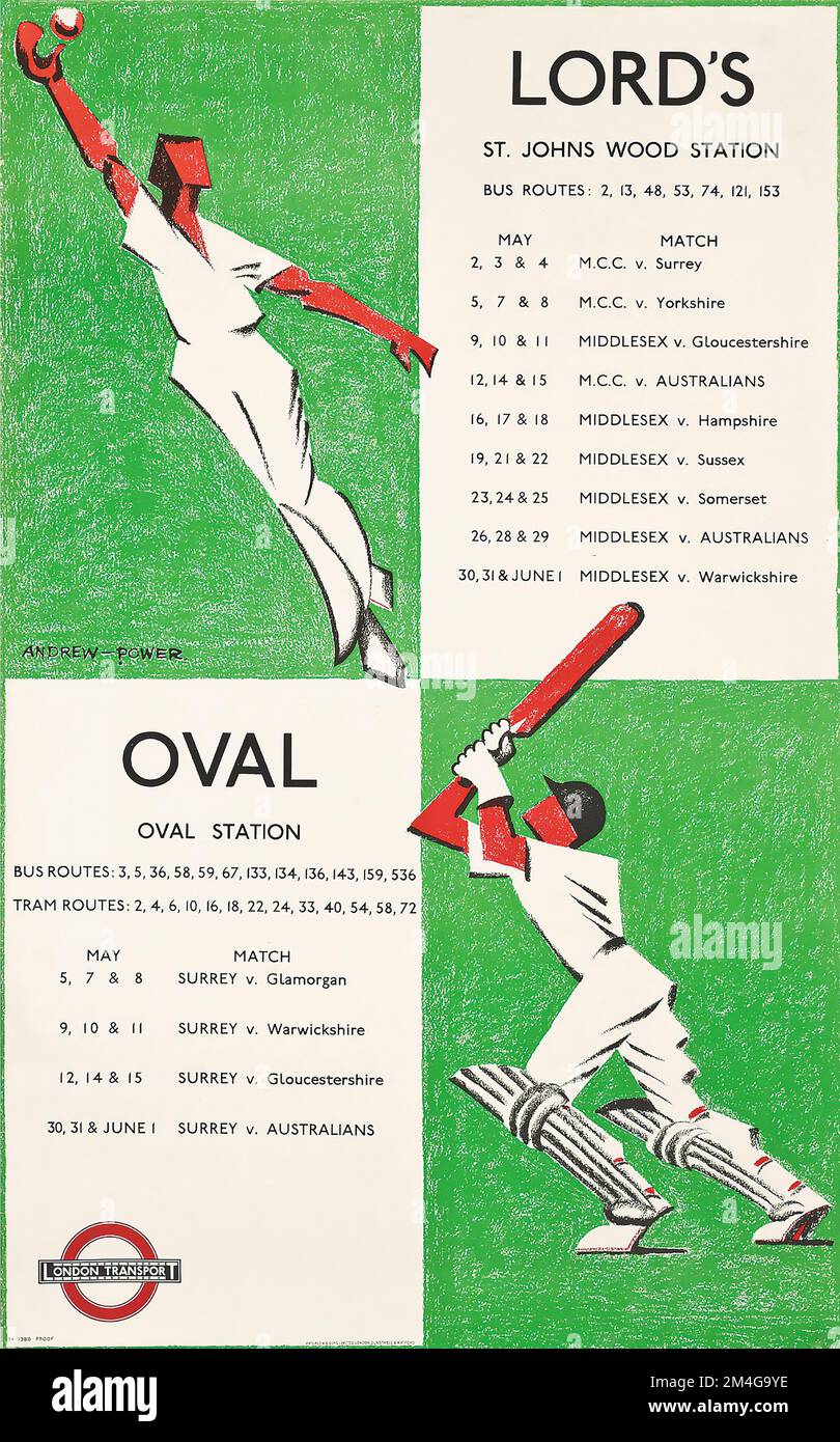 London Transport Poster - LORD'S - OVAL - 1934 - Cricket poster Stock ...