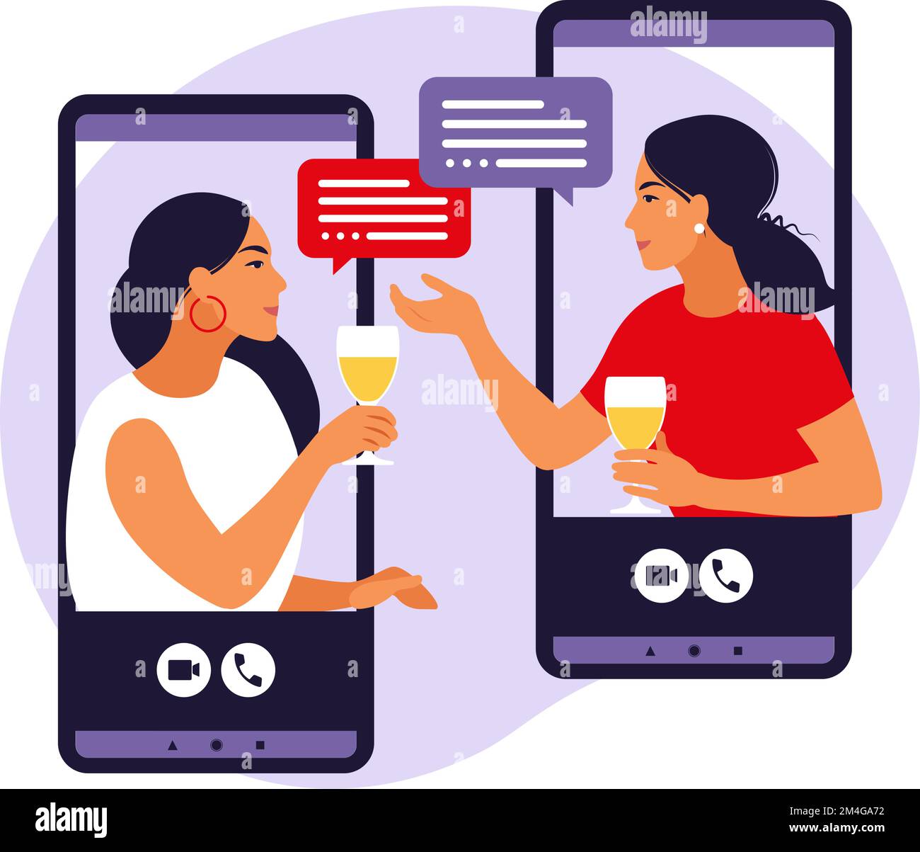 Virtual friendships concept. Women in virtual party. Wine party on self ...