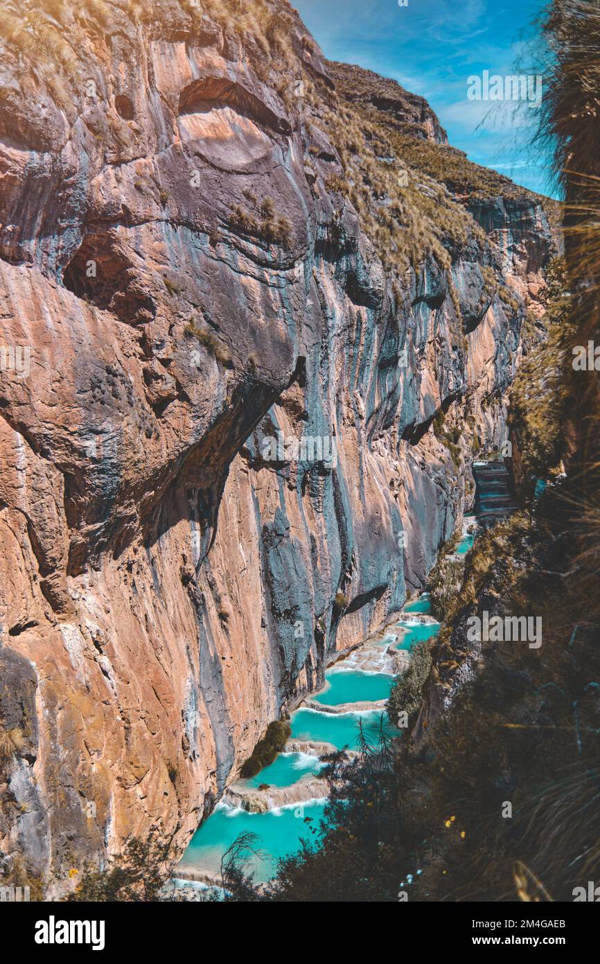 The bright blue colored natural pools of the Millpu Blue Lagoons ...