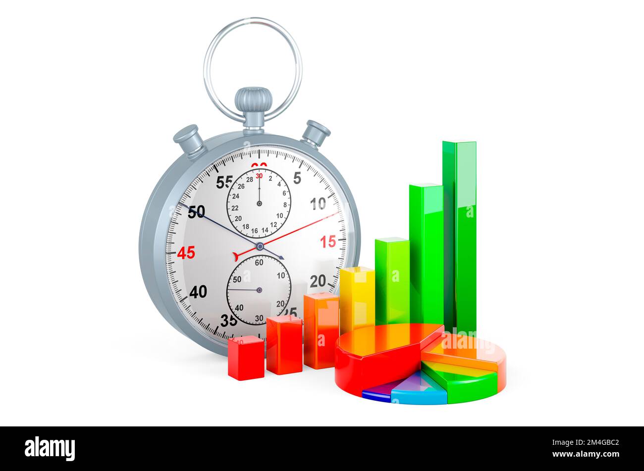 Colored Pie Chart And Bar Graph With Stopwatch Time Management Concept 3d Rendering Isolated