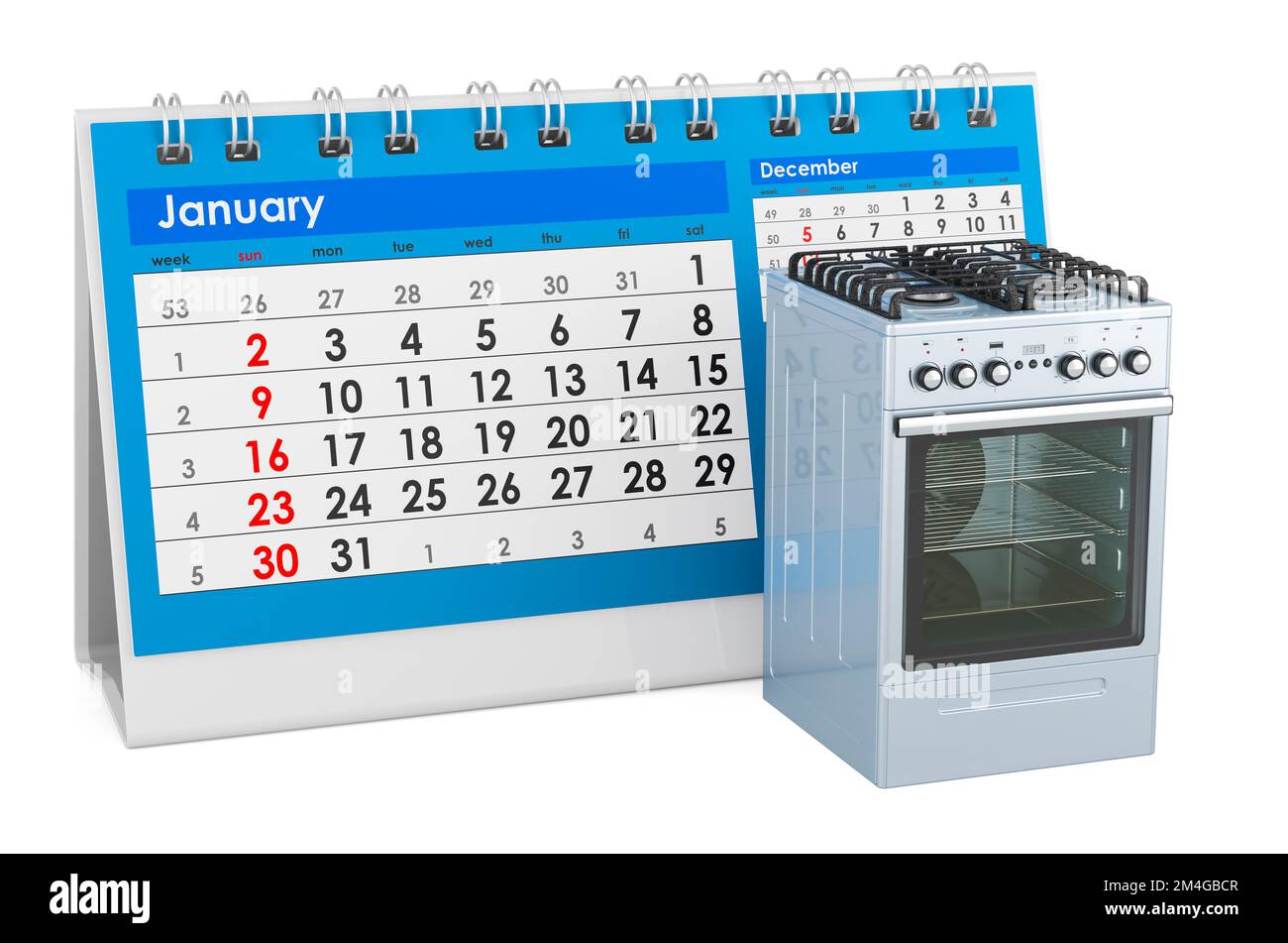 Gas range with desk calendar, 3D rendering isolated on white background ...