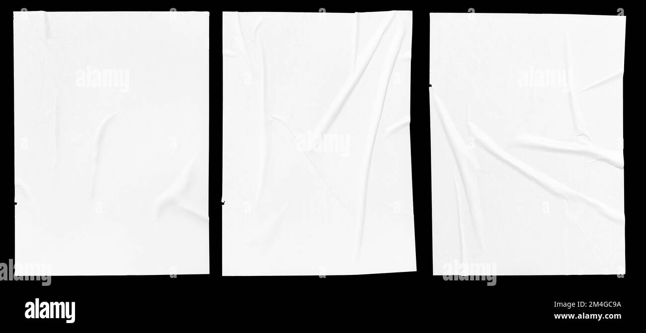 White crumpled and creased glued paper poster set isolated on white ...