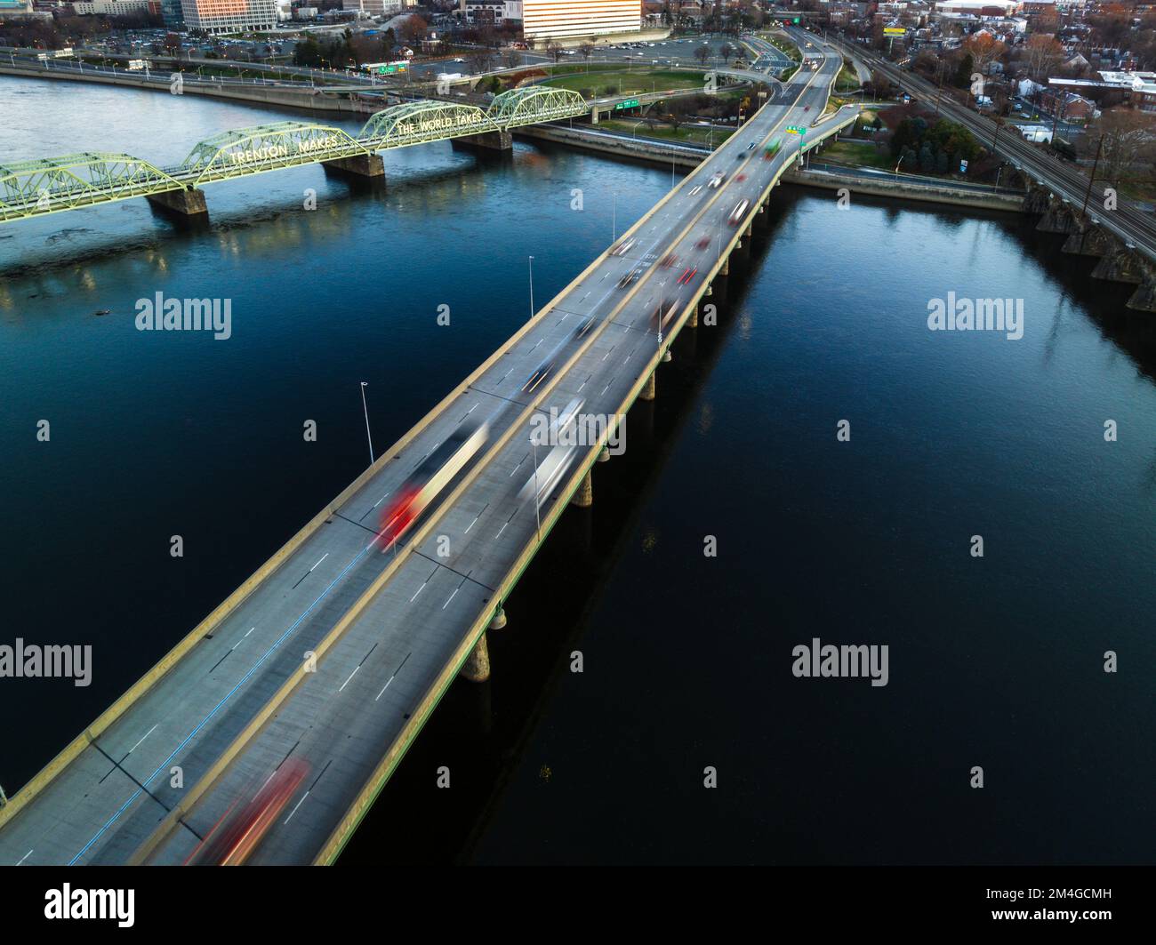 An aerial of the intersection of the Lower Trenton bridge and a highway ...
