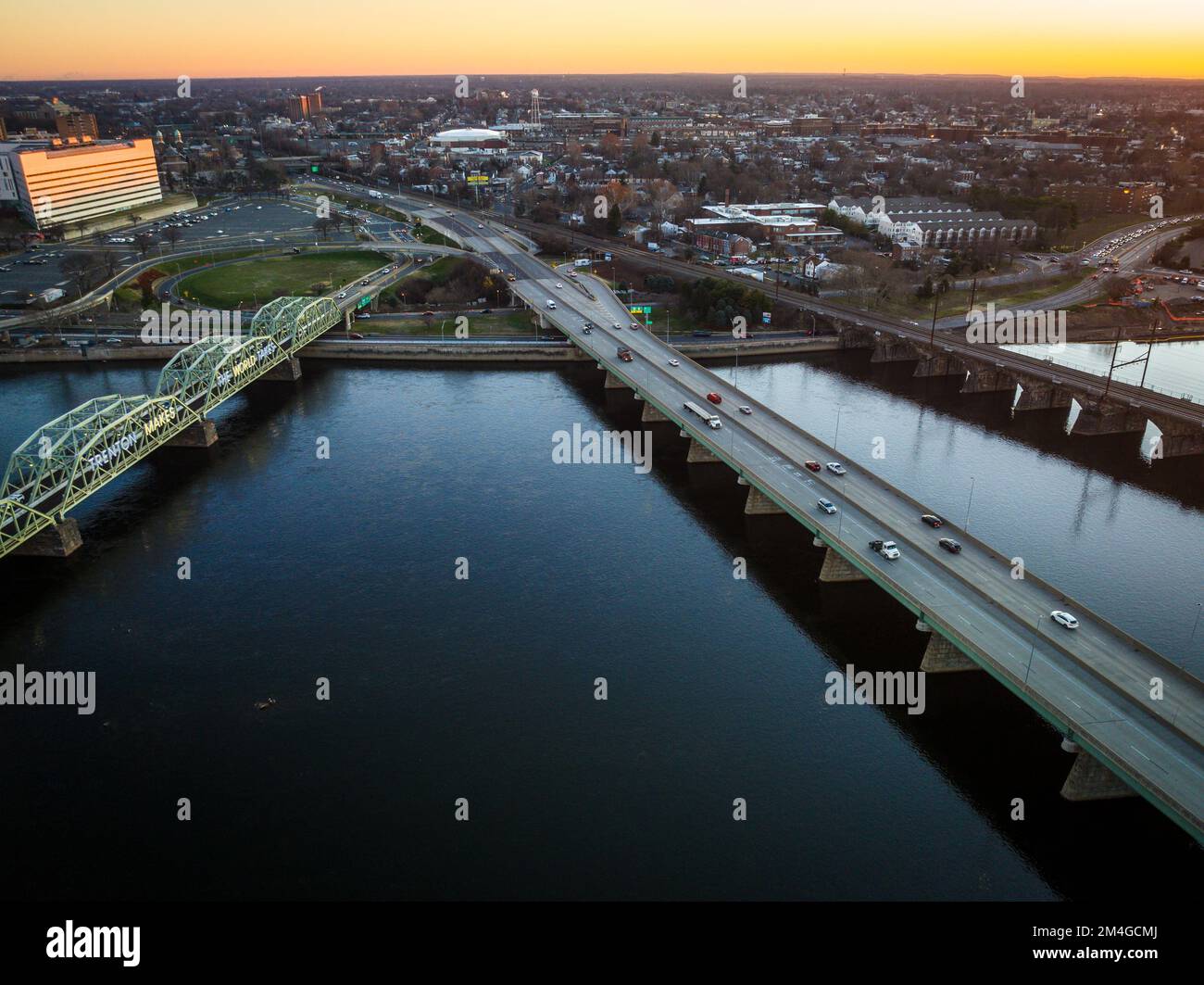 An aerial of the intersection of the Lower Trenton bridge and a highway ...