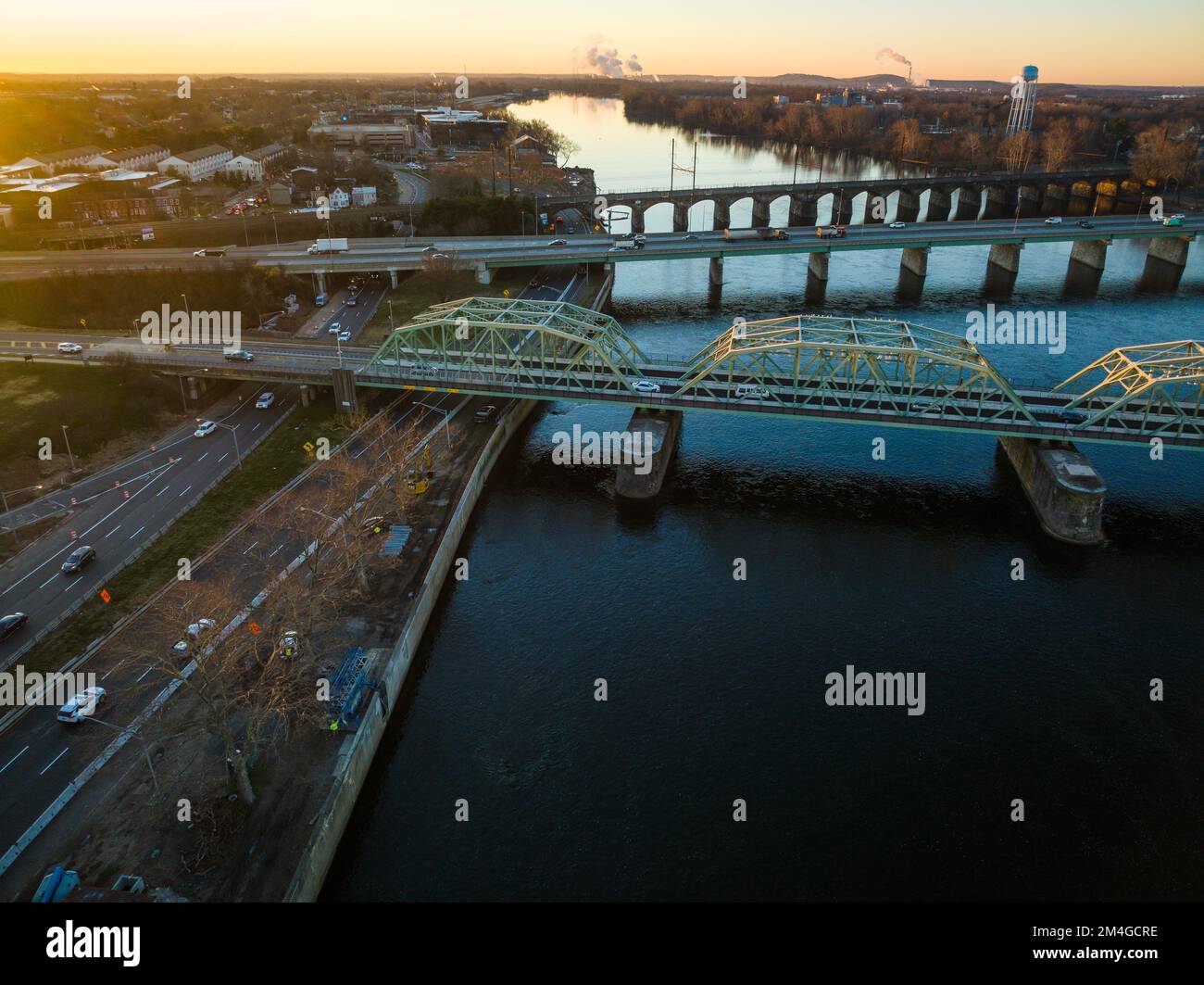 An aerial of the Lower Trenton highway bridge over the Delaware river ...