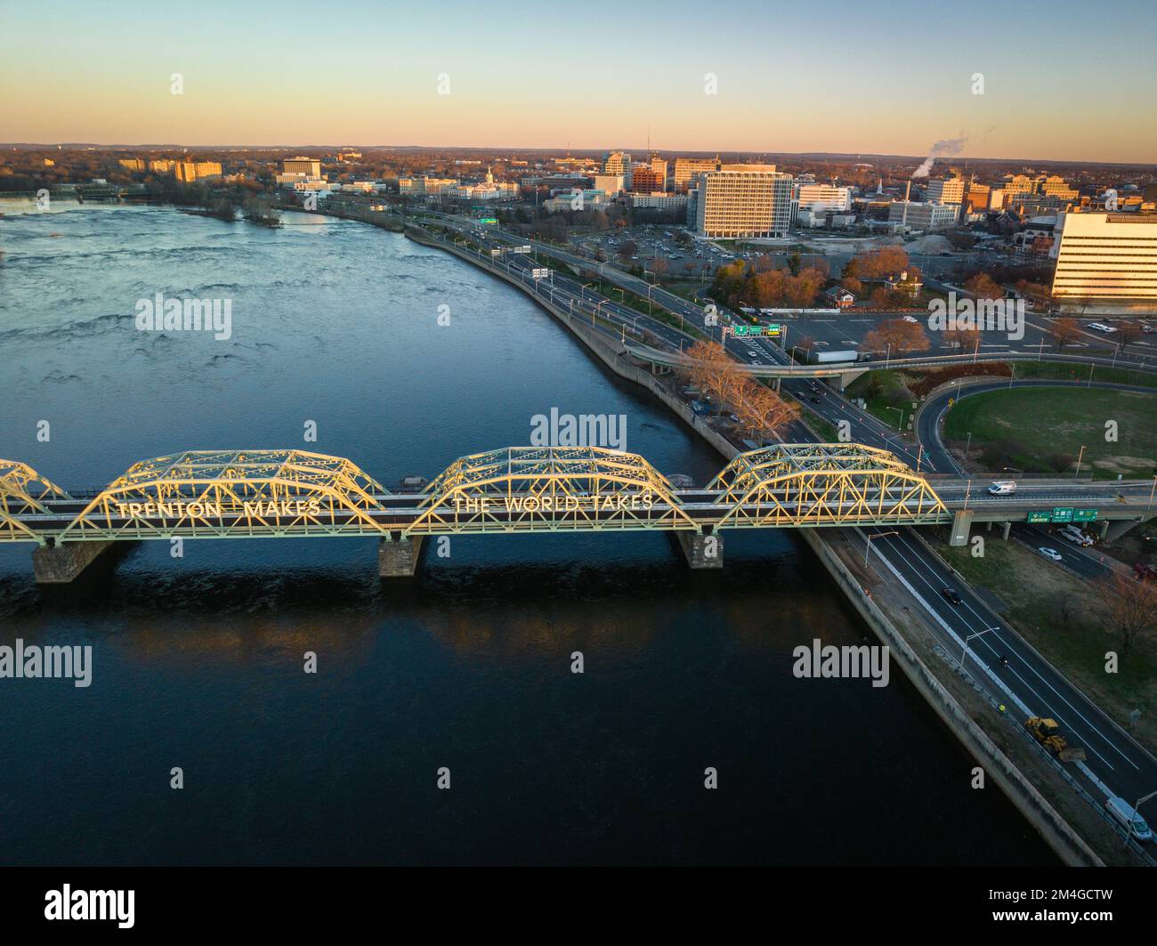 An aerial of the Lower Trenton highway bridge over the Delaware river ...