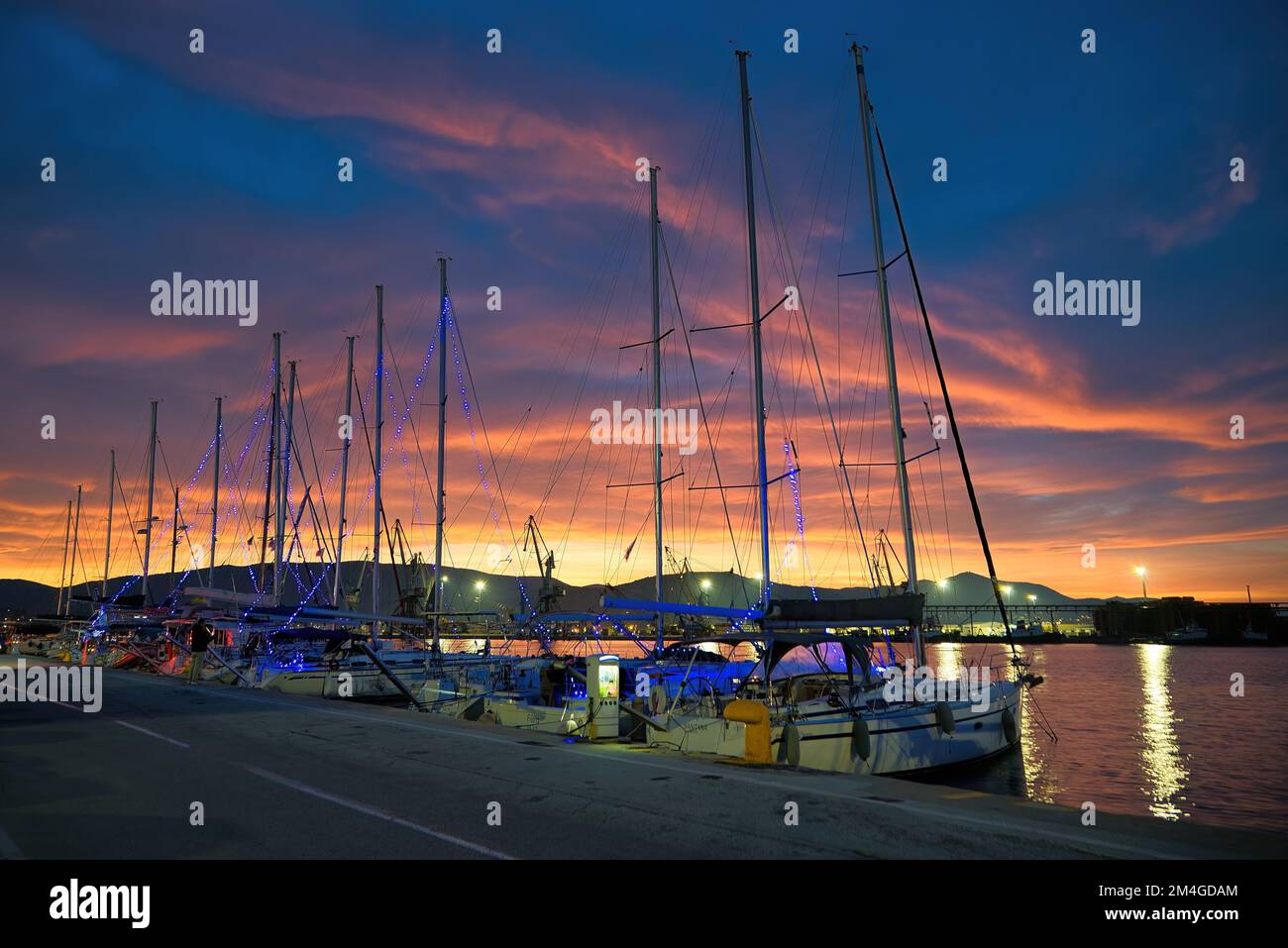 Christmas atmosphere and urban scenery of Volos city with blue lights ...