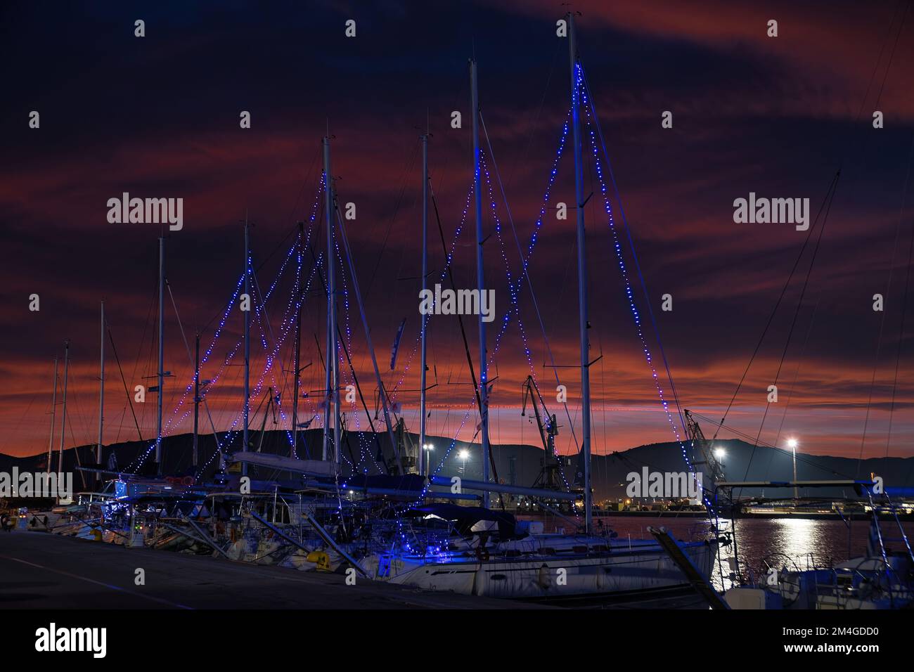 Christmas atmosphere and urban scenery of Volos city with blue lights ...