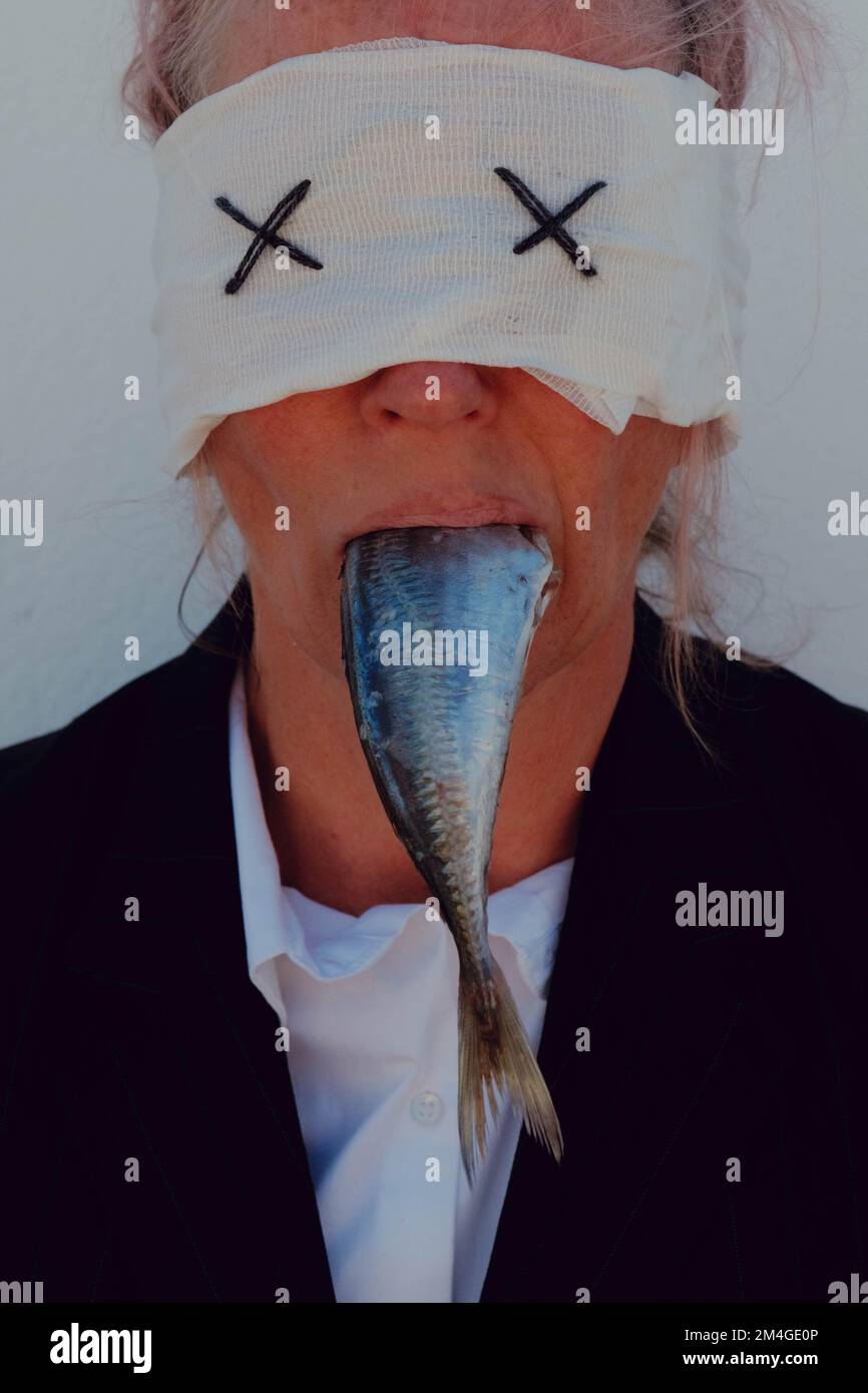 Lisbon, Portugal. 28th JUN 2022. Three blind personas with bandaged ...