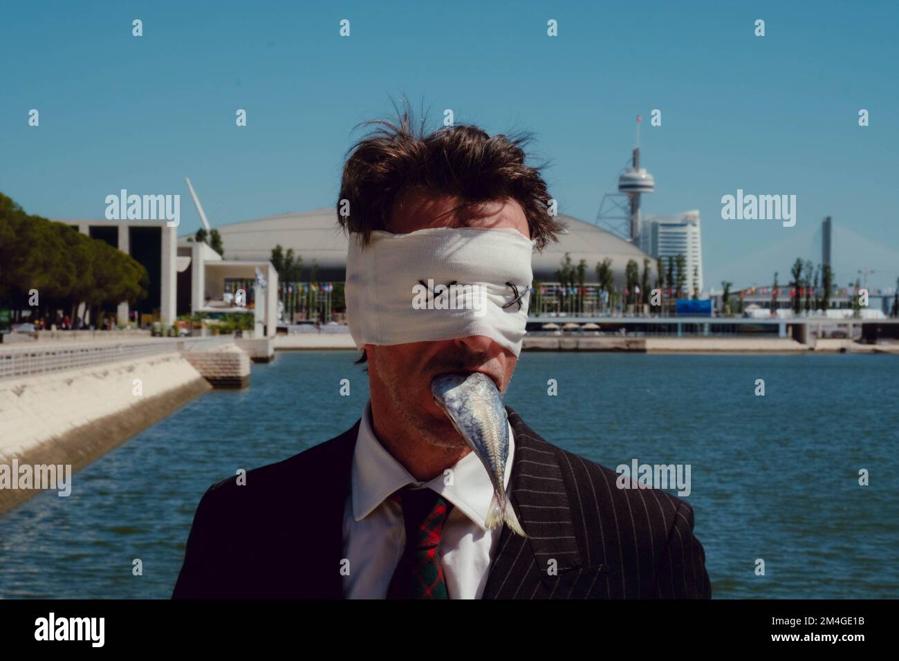 Lisbon, Portugal. 28th JUN 2022. Three blind personas with bandaged ...