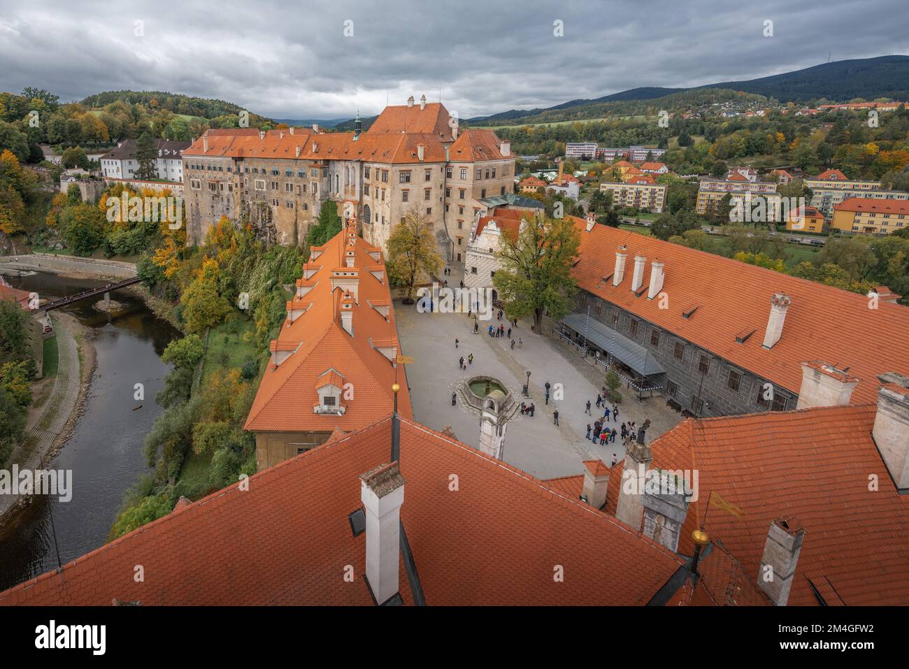Aerial view of Cesky Krumlov Castle Courtyard - Cesky Krumlov, Czech ...