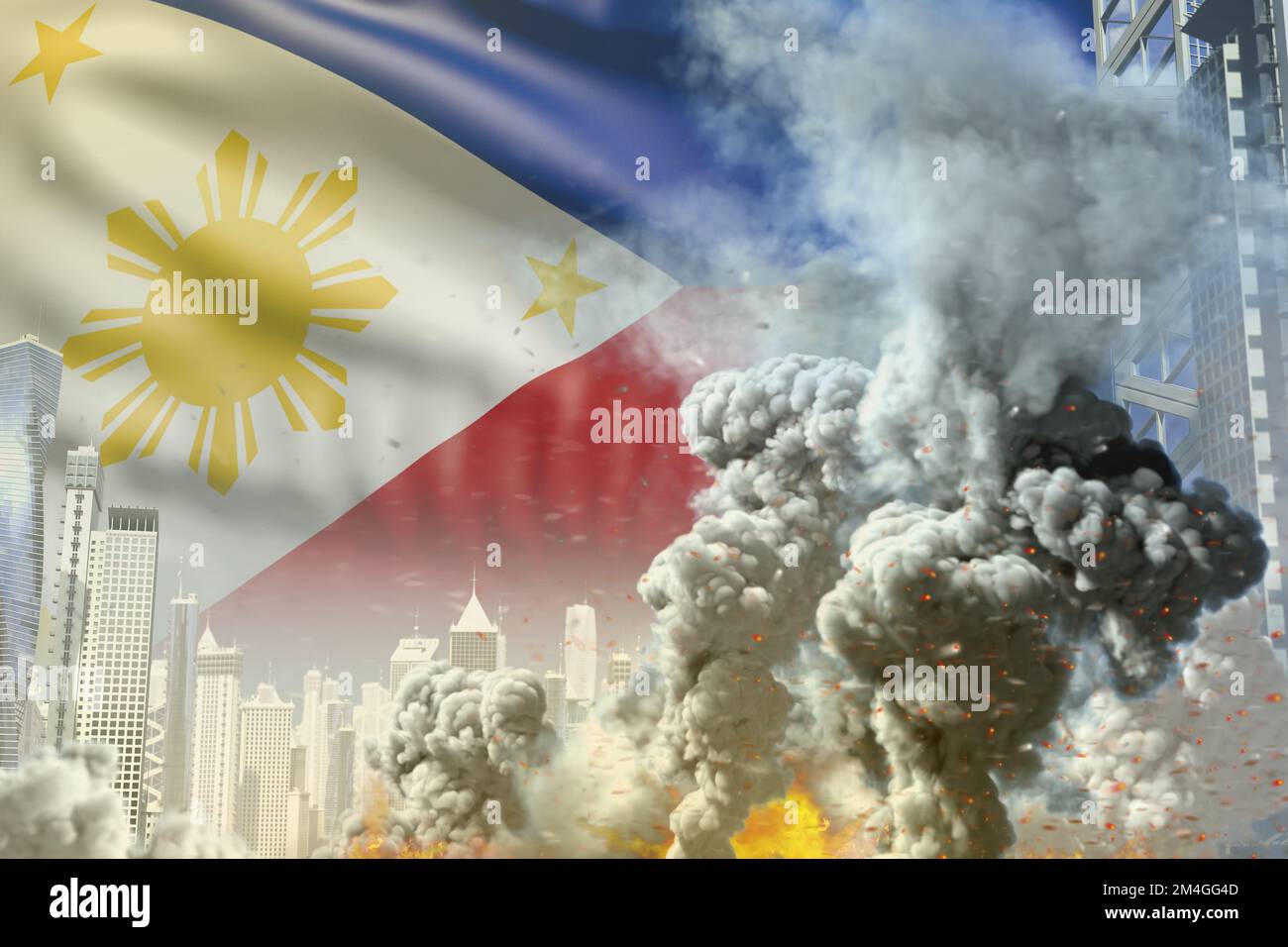 big smoke pillar with fire in the modern city - concept of industrial ...