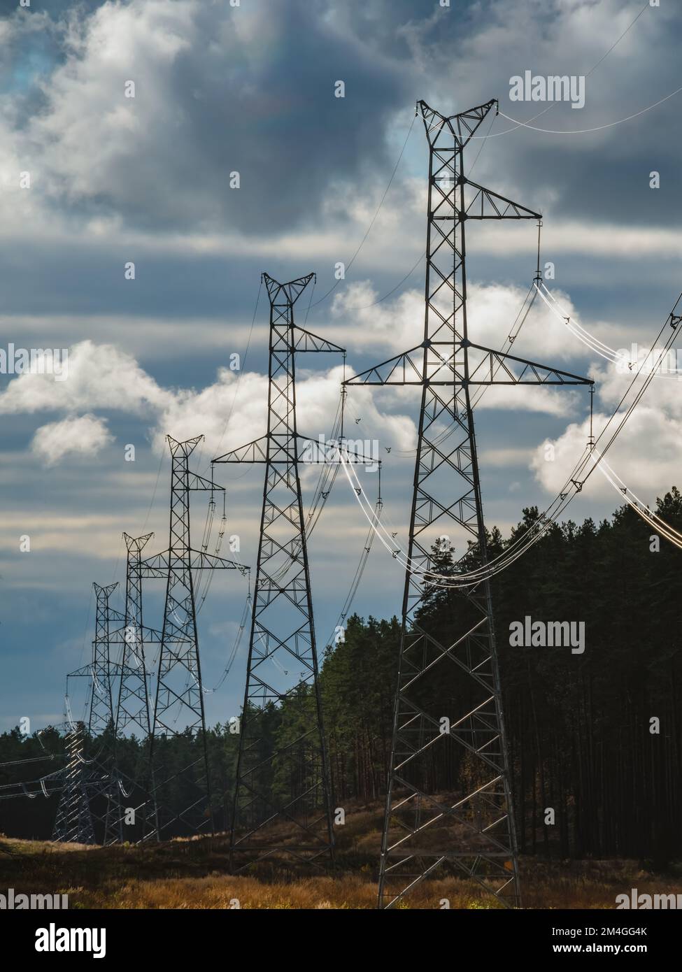 High voltage electricity power line towers near forest. Cloudy sky ...