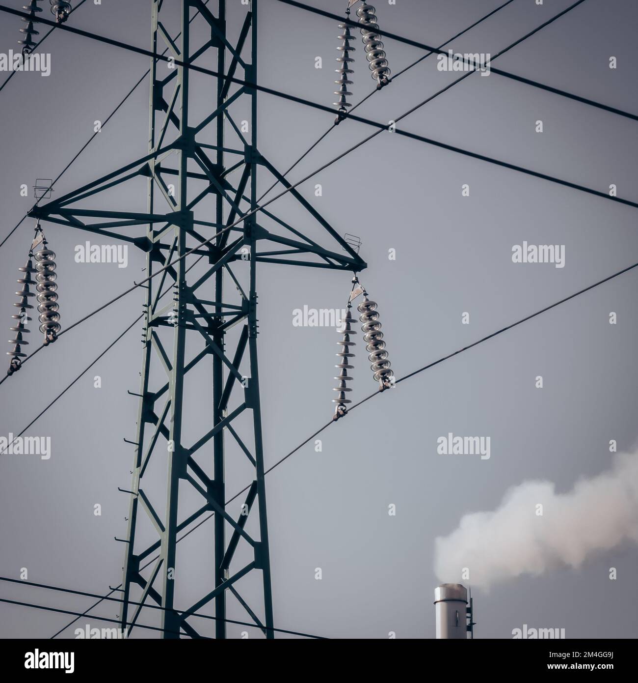 Factory chimney with smoke. Industrial pipe. Power line tower Stock ...