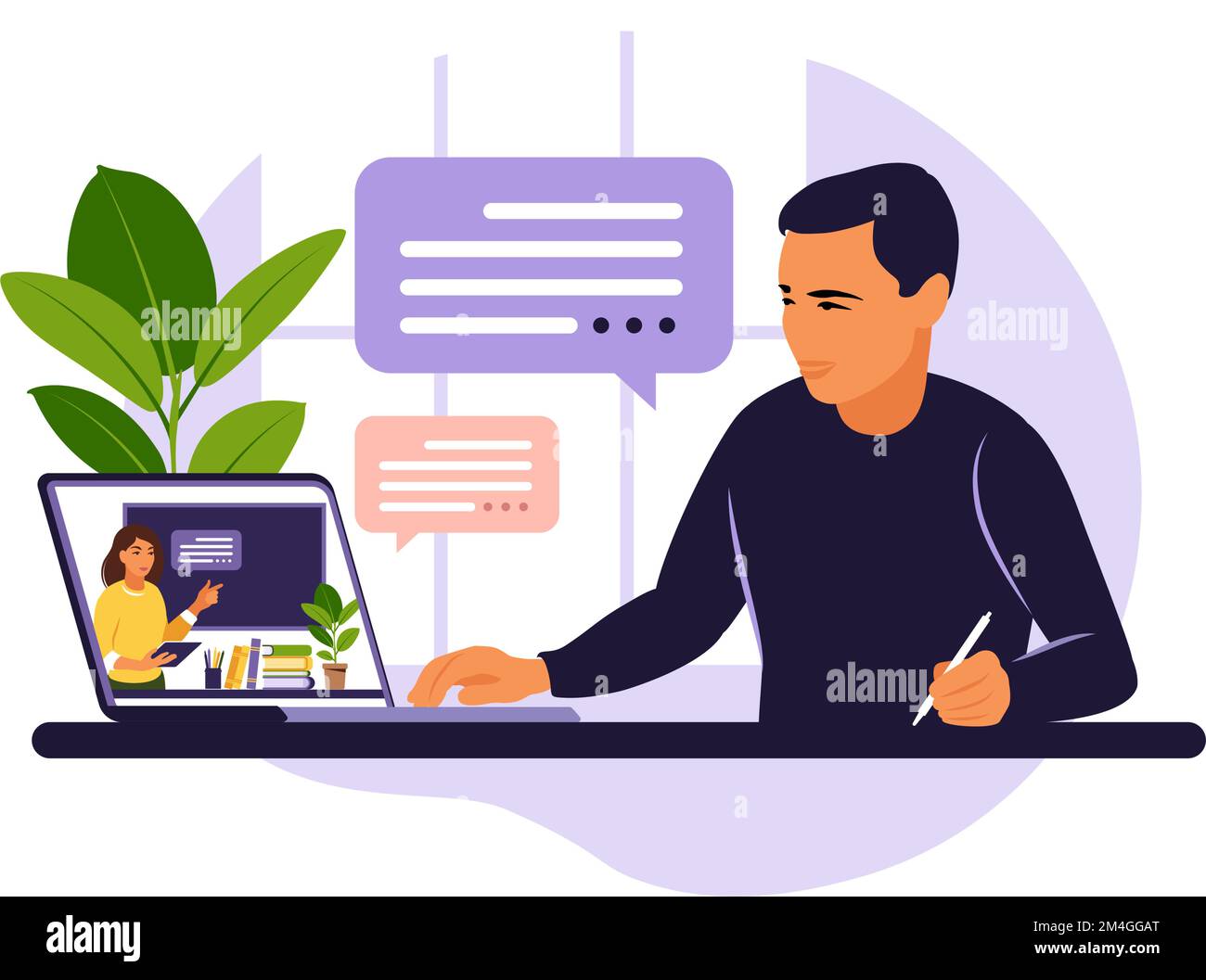 Young man study at computer. Online learning concept. Video lesson ...