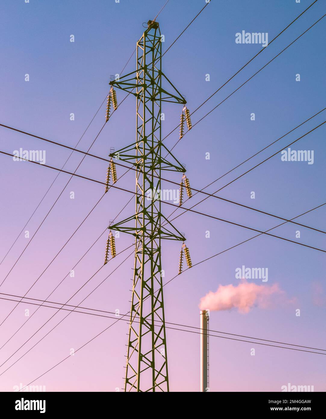 Factory chimney with smoke. Industrial pipe. Power line tower Stock ...