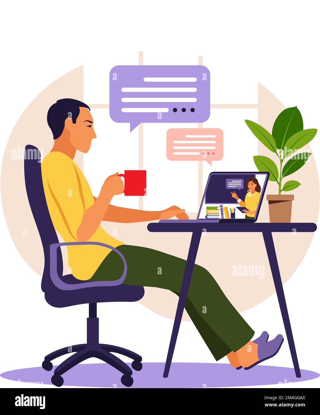 Young man study at computer. Online learning concept. Video lesson ...