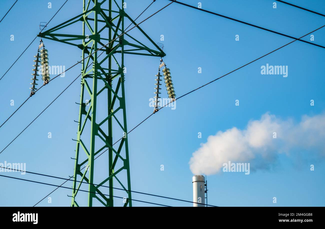 Factory chimney with smoke. Industrial pipe. Power line tower Stock ...