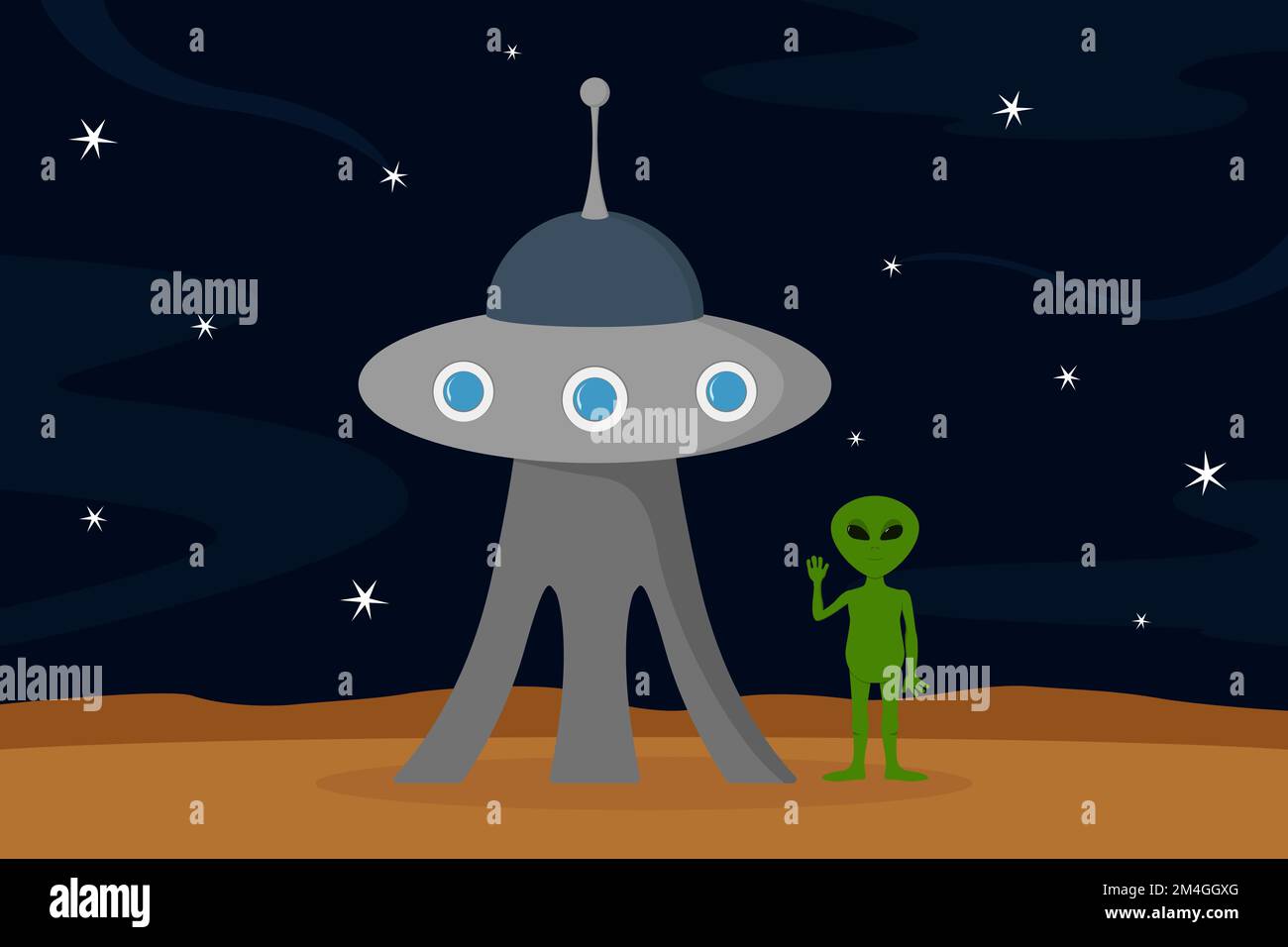 Alien with raised hand. Green humanoid. Vector illustration Stock ...