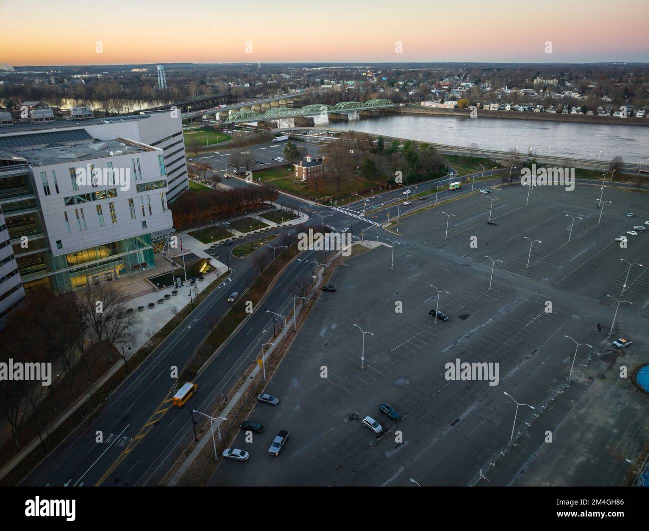 An aerial of the cityscape of Trenton displaying a big parking lot ...