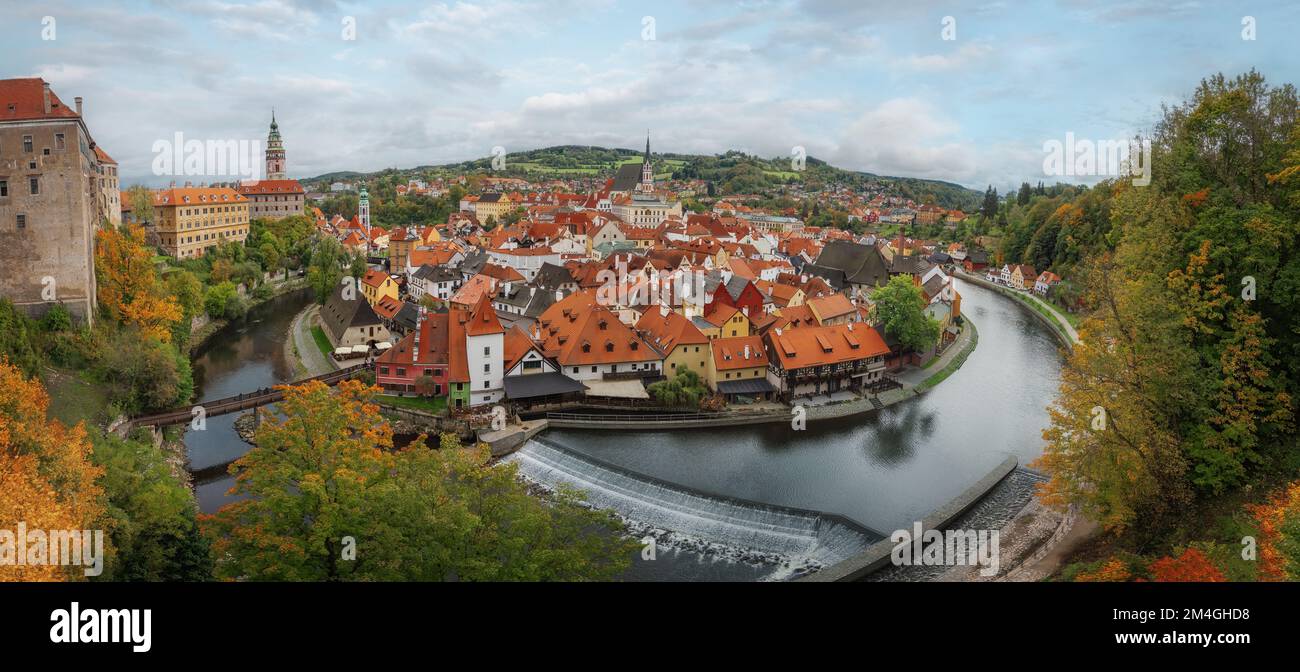 Panoramic aerial view of Cesky Krumlov with Castle, Church of Saint ...
