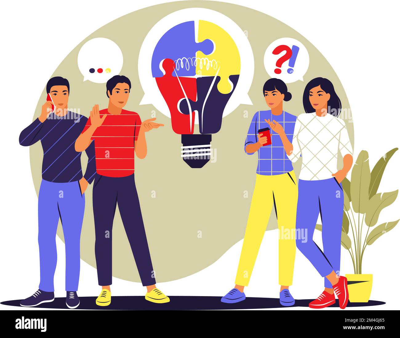 People with light bulb puzzle, business concept. Company employees ...