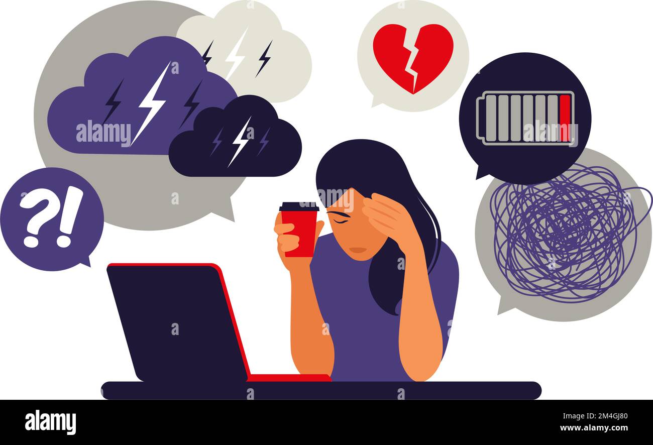 Woman in depression with bewildered thoughts in her mind. Young sad ...