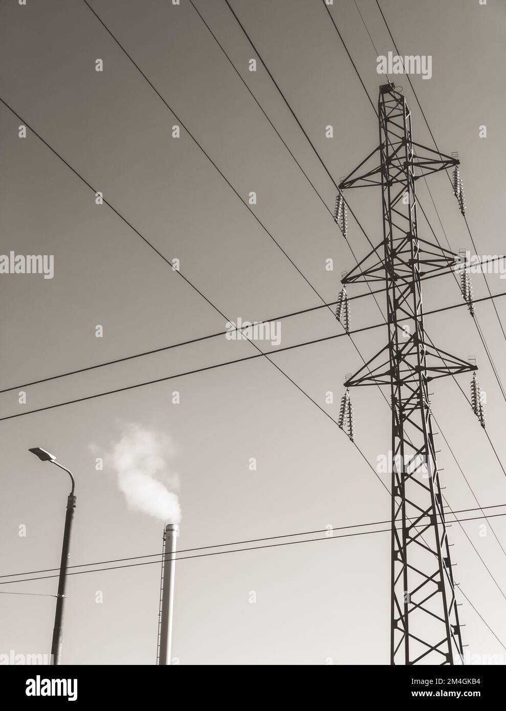 Factory chimney with smoke. Industrial pipe. Power line tower Stock ...