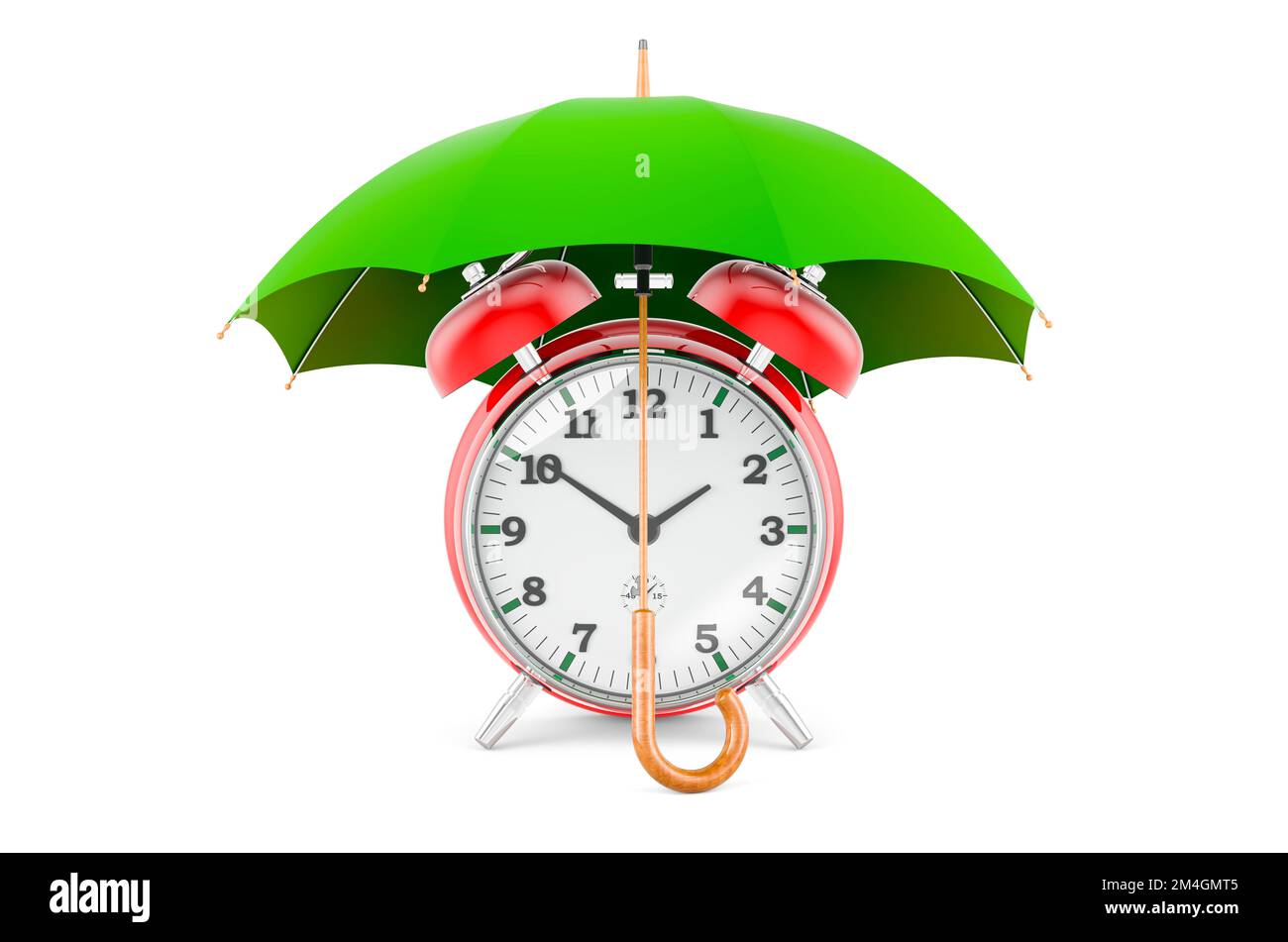 Alarm clock under umbrella, 3D rendering isolated on white background ...