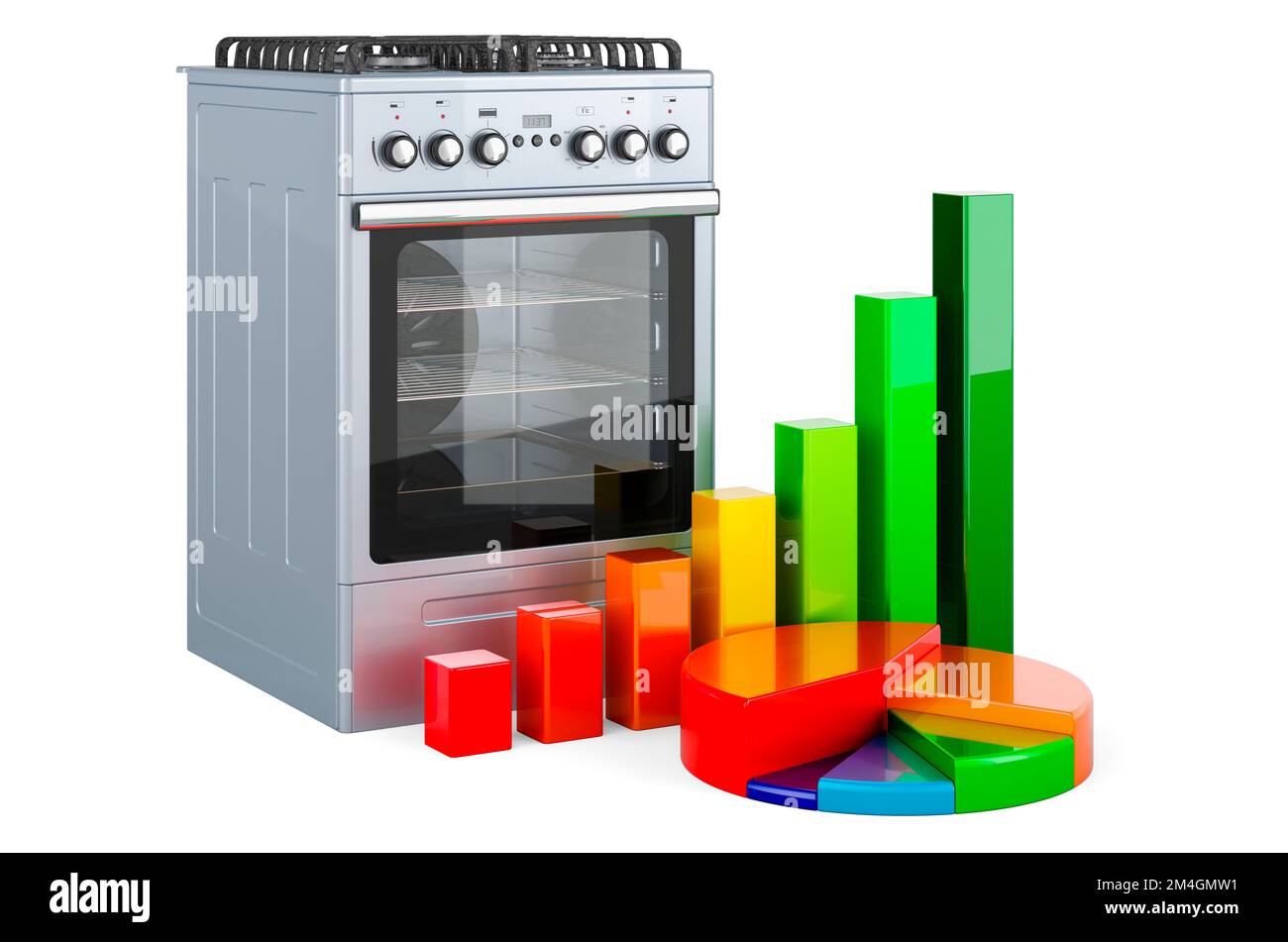 Gas range with growth bar graph and pie chart, 3D rendering isolated on ...