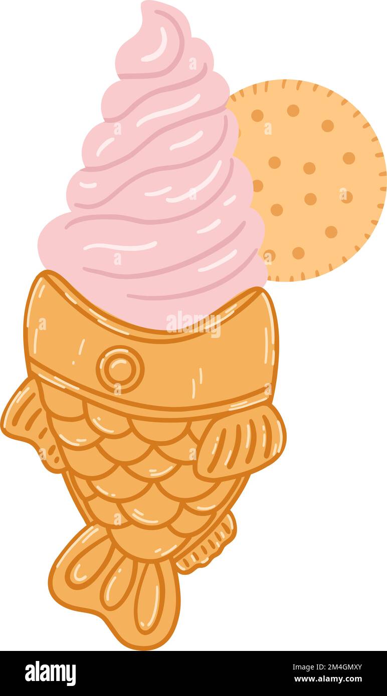 Taiyaki fish-shaped ice cream cone in cartoon flat style. Hand drawn ...