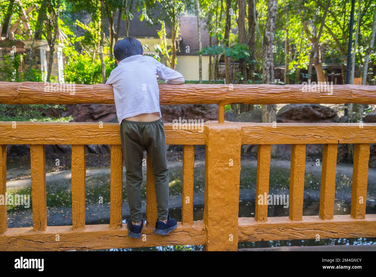 Child climbing a bridge fence by river or pond in a garden watching ...