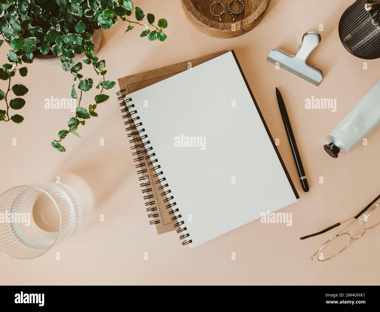 Flat lay blank paper sheet in notebook, houseplant, glass of water and ...