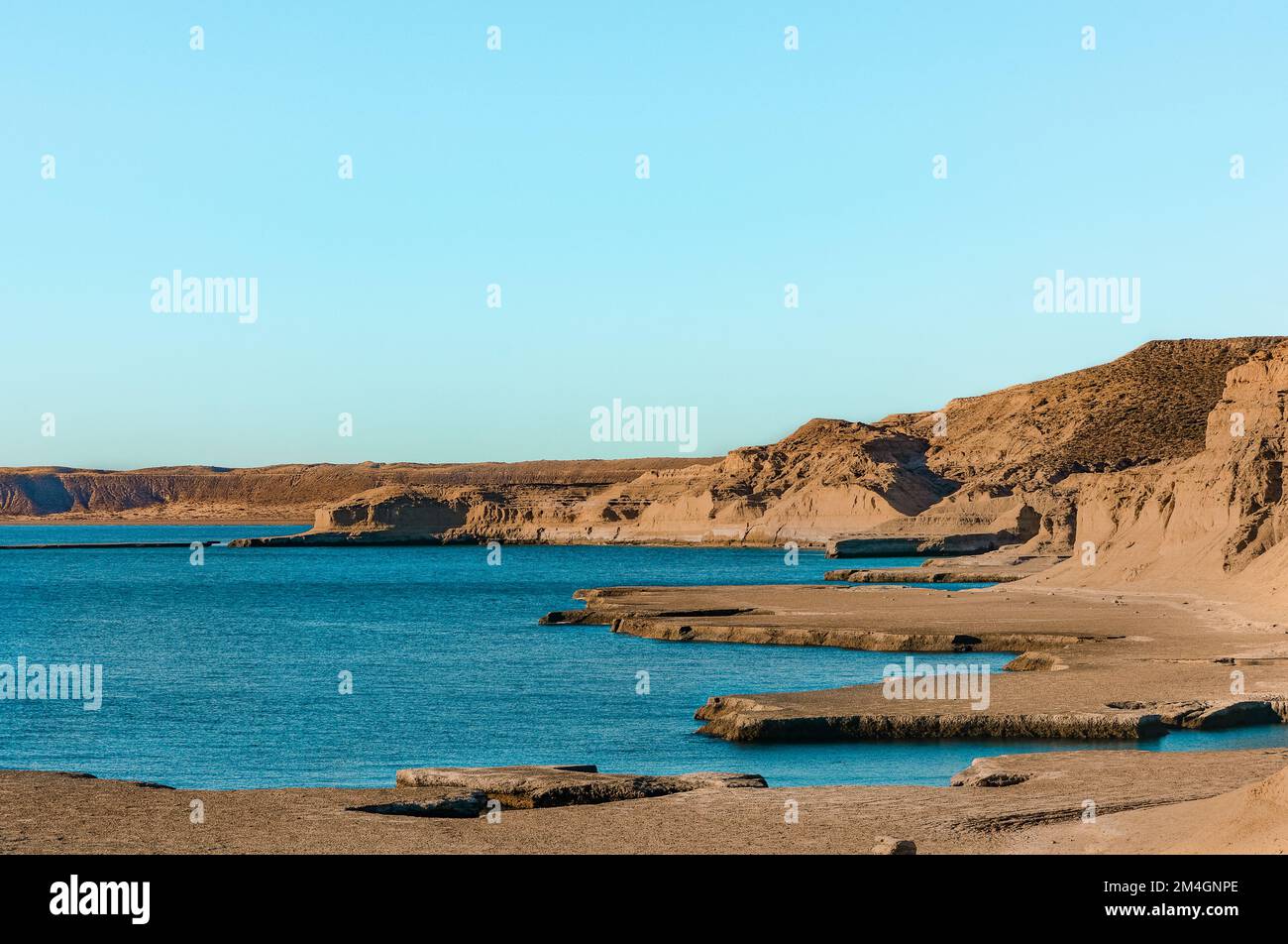 Rocky coastal landscape with landforms and cliffs in Valdes Peninsula ...