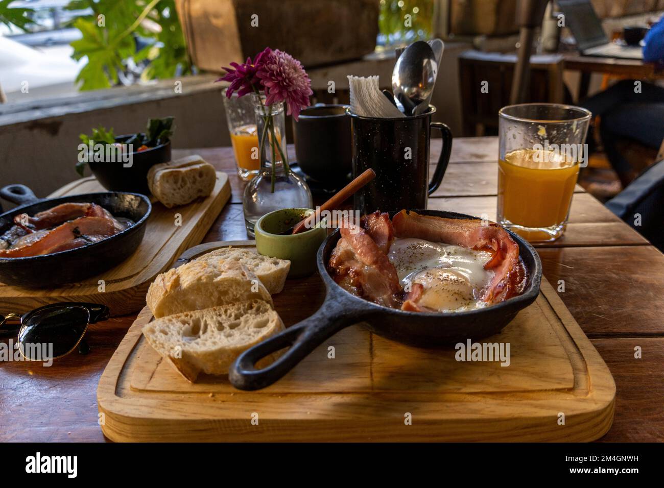 traditional full breakfast in mexico, with sauces, juices, pans as hot ...