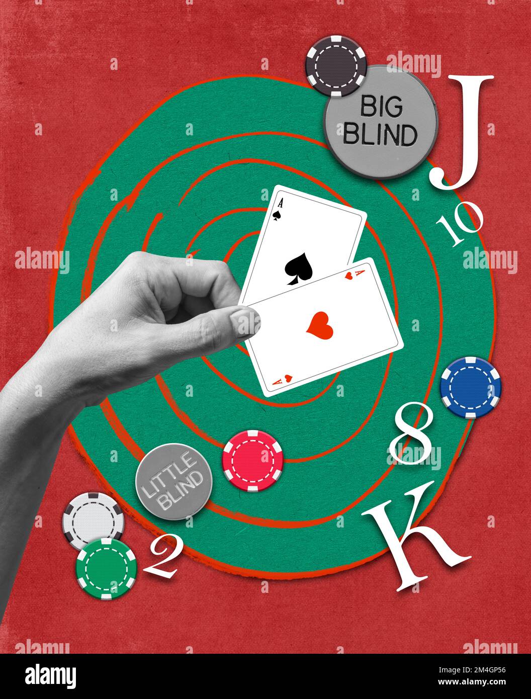 Contemporary art collage. Creative design. Big blind. Hands holding two ...