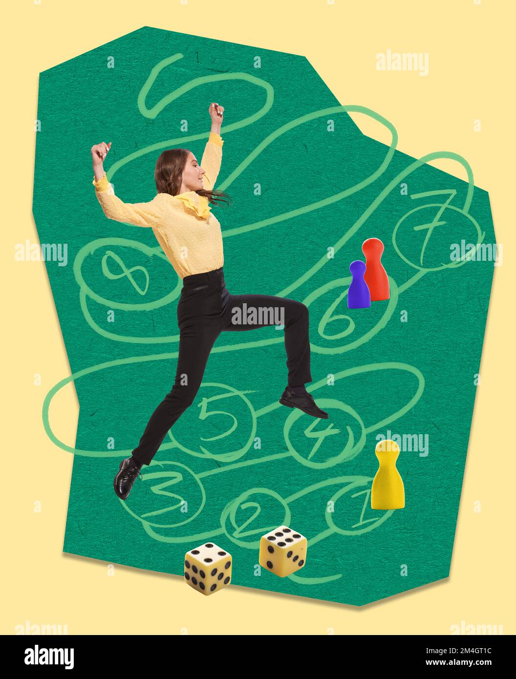 Contemporary art collage. Creative design. Cheerful excited young woman ...