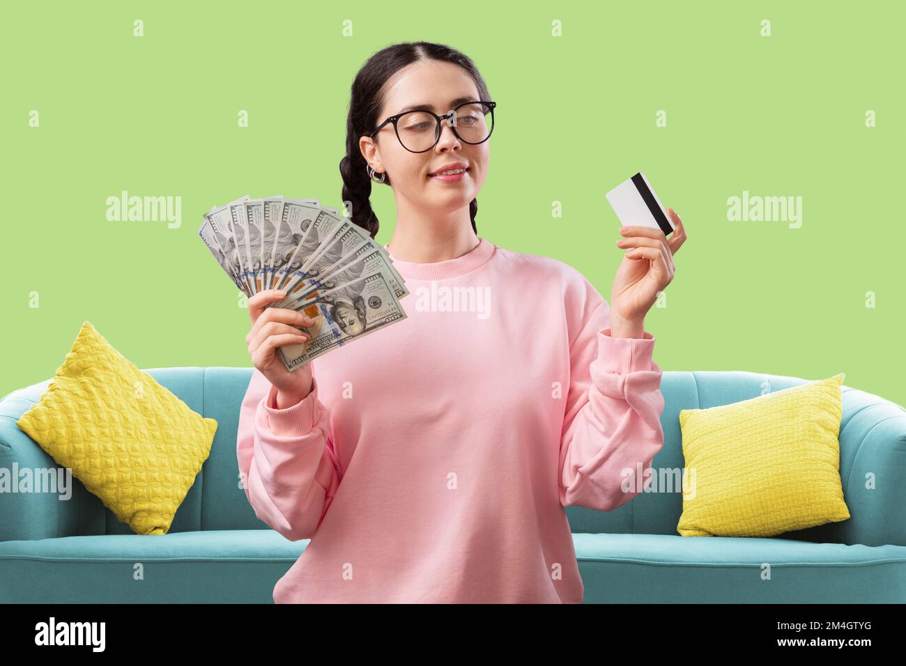 Cashless payment. Portrait of young beautiful caucasian woman with ...