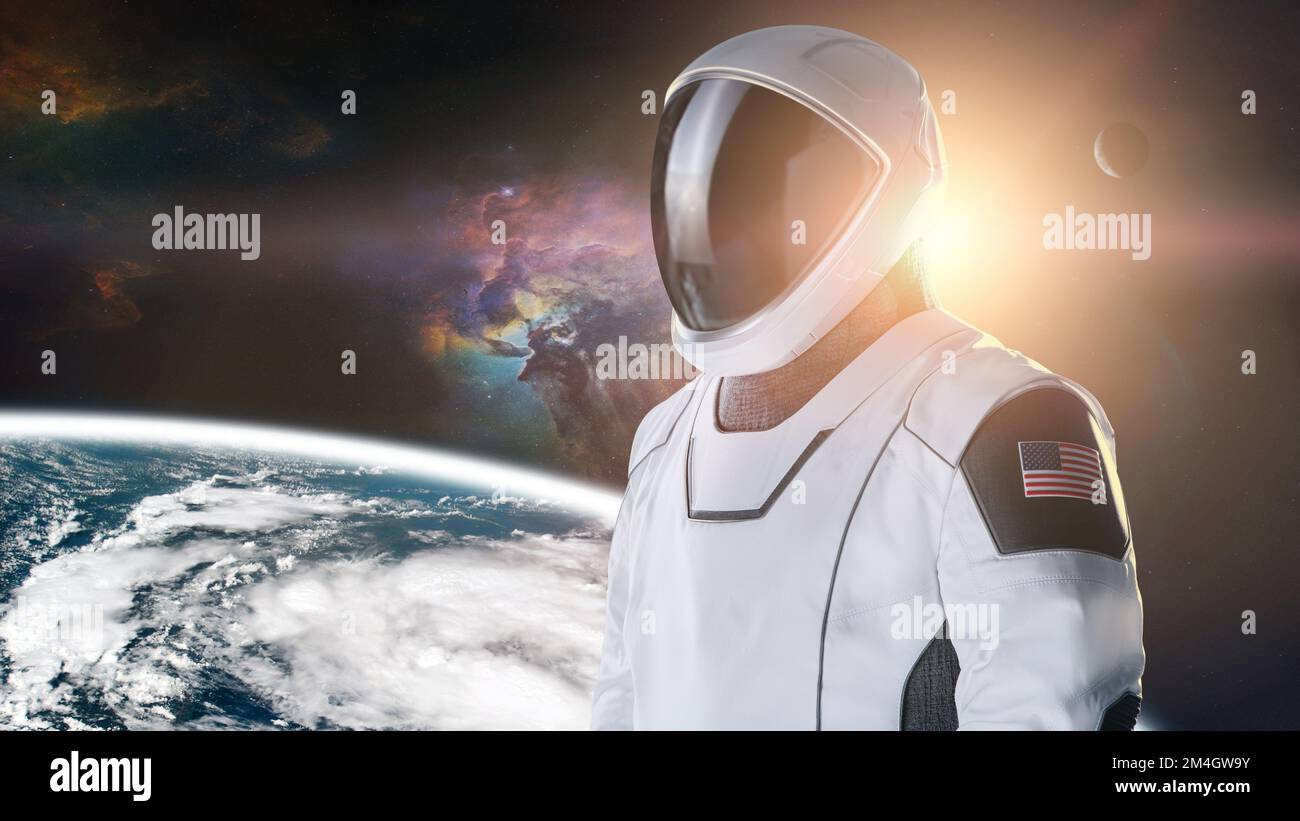 Spaceman in outer space on Earth planet background. Exploration theme ...